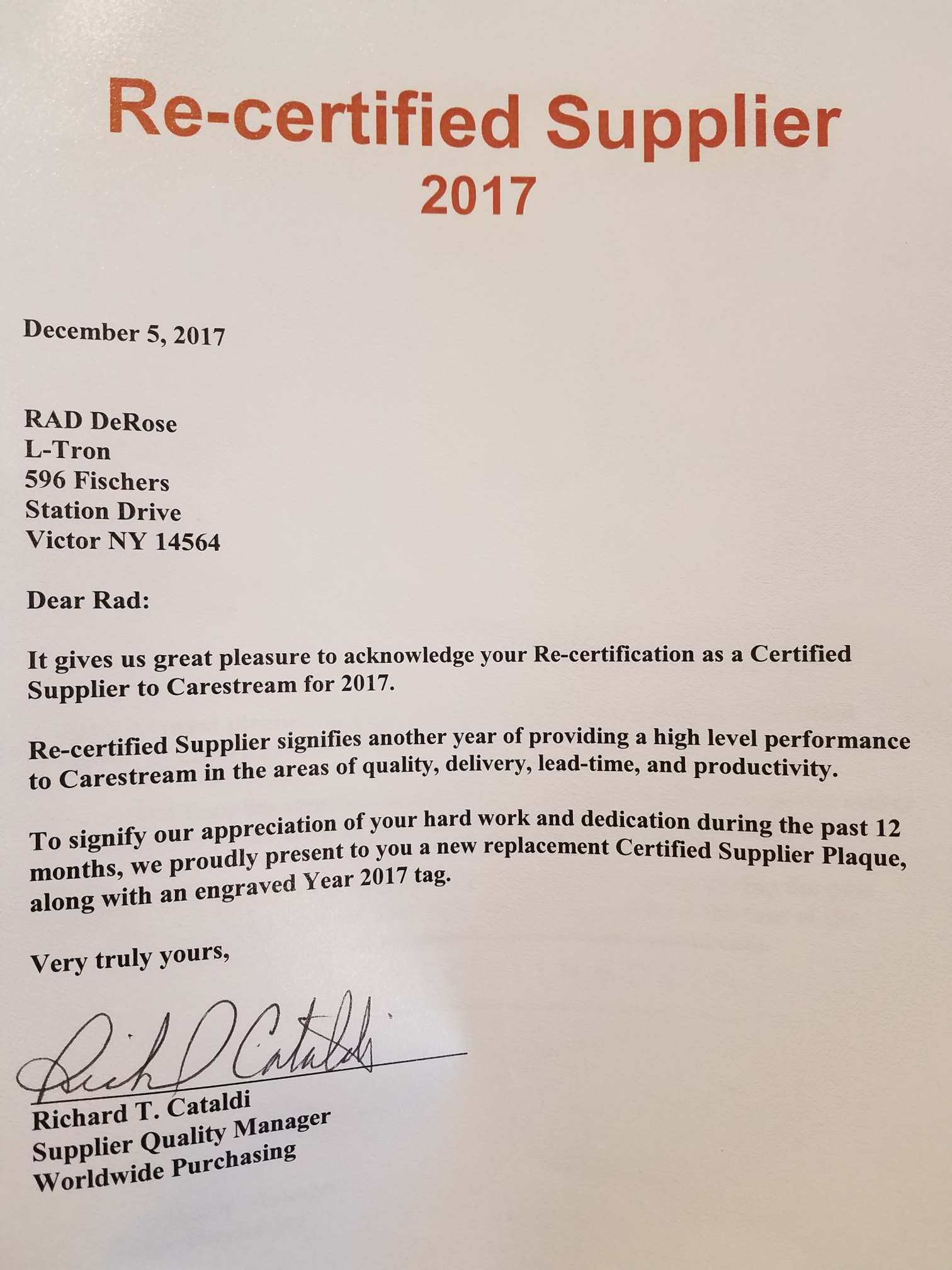 Carestream Health Certified Supplier for 2017 | L-Tron